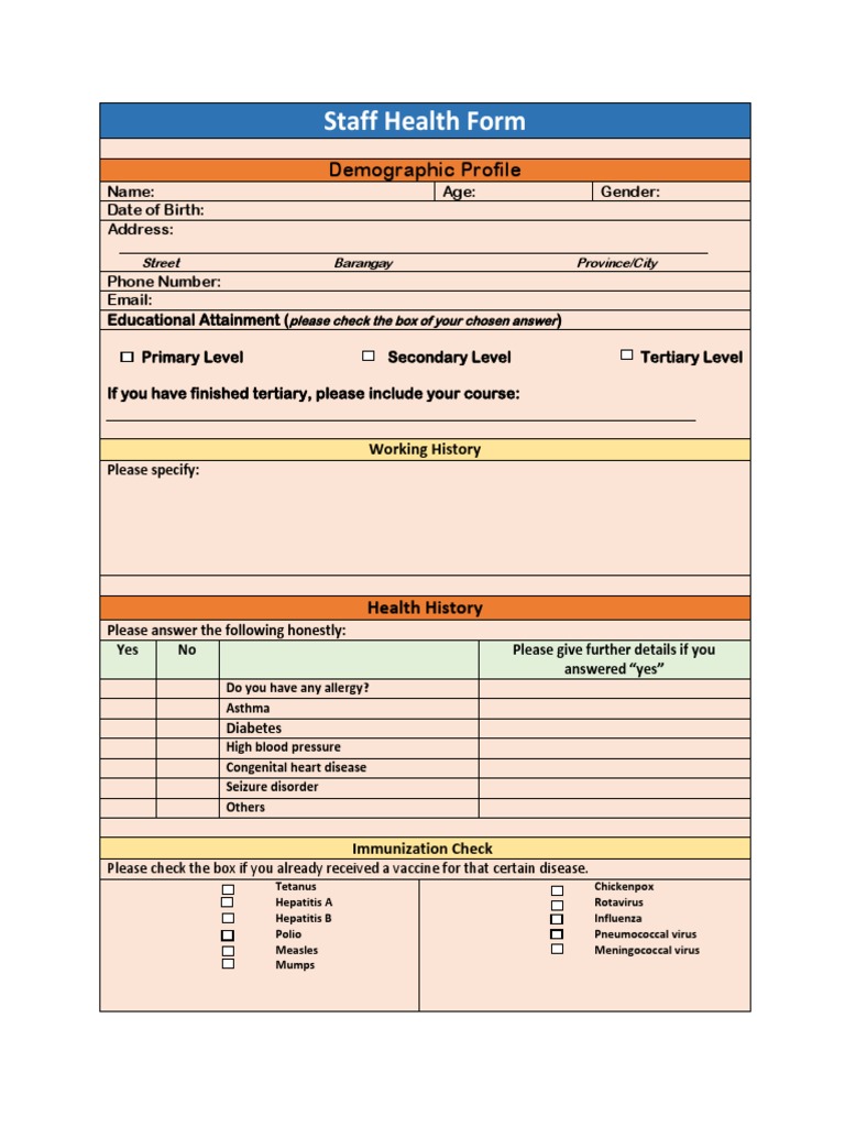 Staff Health Form - PDF | PDF | Vaccines | Clinical Medicine