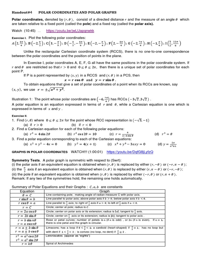 Polar Coordinates and Polar Graphs Handout# 4 | PDF | Coordinate System ...
