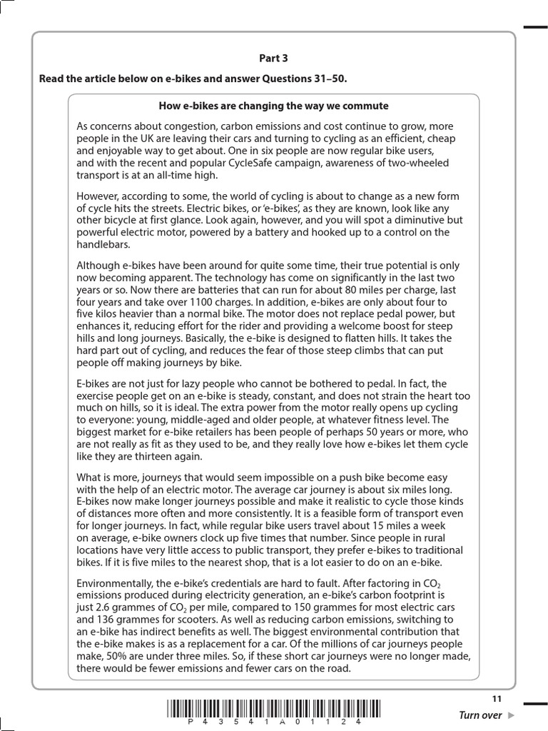 Read The Article Below On E-Bikes and Answer Questions 31-50. How E ...