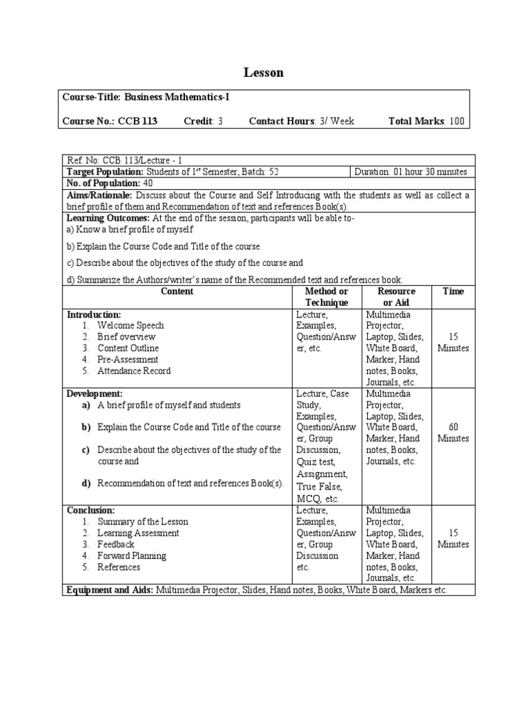 Business Mathematics 1 Lesson Plan | PDF | Multimedia | Lecture