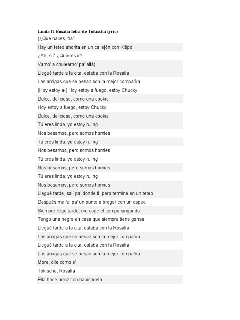 Linda FT Rosalia Letra de Tokischa Lyrics | PDF