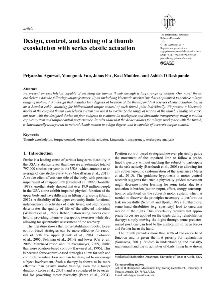 Design, Control, and Testing of A Thumb Exoskeleton With Series Elastic ...
