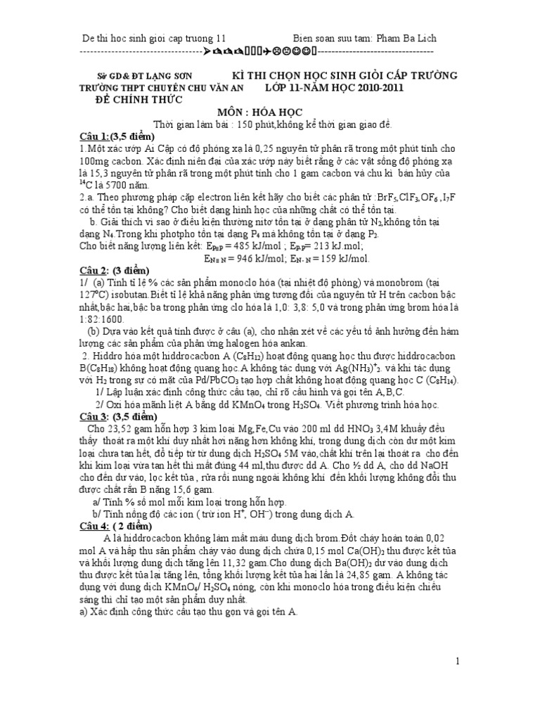 Đề thi hsg 11 cấp trường 2010-2011 | PDF