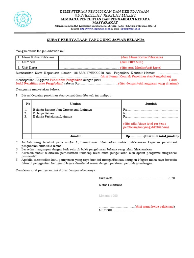 Surat Pernyataan Tanggung Jawab Belanja SPTB 100 | PDF