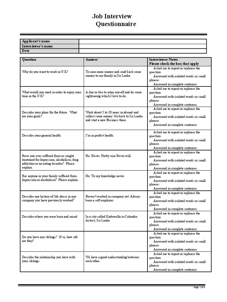 Job Interview Questionnaire | PDF | Thought | Word
