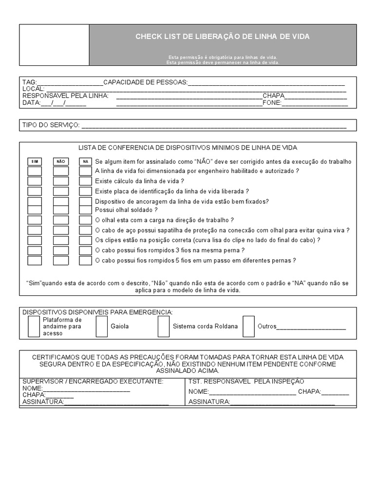 Check List de Liberação de Linha de Vida | PDF | Informática | Ciência ...