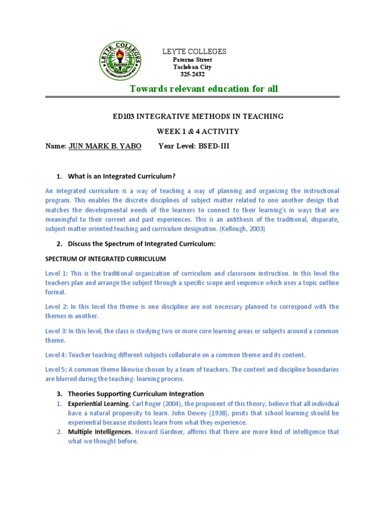 Integrative Methods in Teaching Activity 1-4 | PDF | Constructivism ...