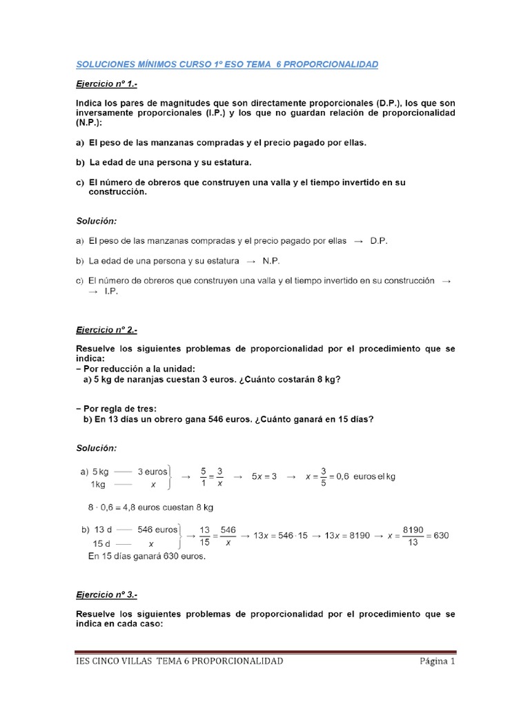 Ies Cinco Villas Tema 6 Proporcionalidad Página 1 - PDF Descargar Libre | PDF