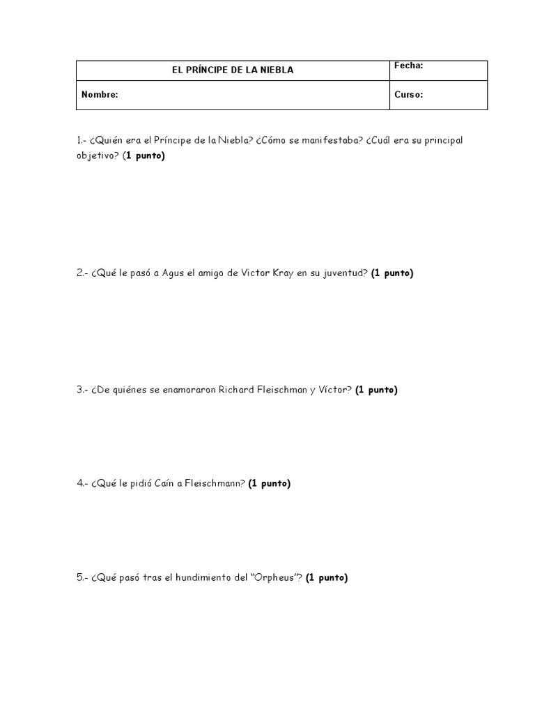 Examen 1 - El Príncipe de La Niebla. Con Soluciones | PDF