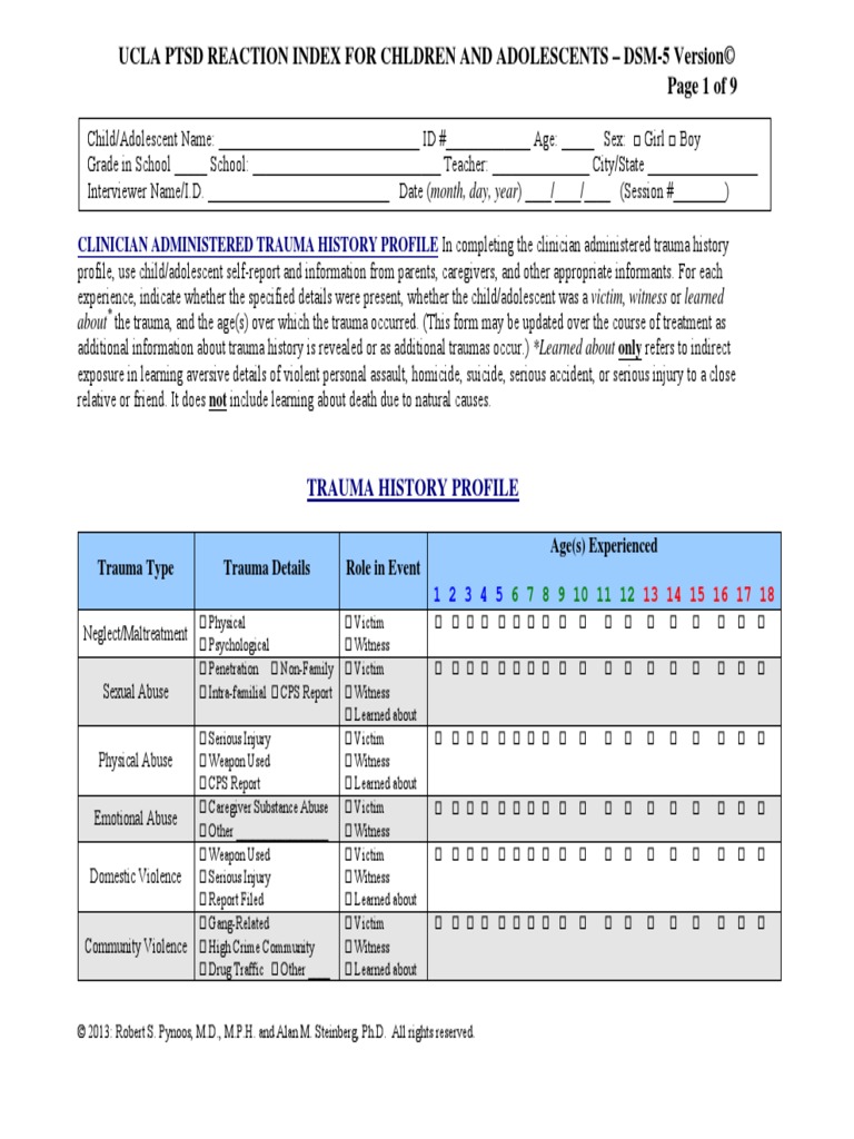 Ucla PTSD Reaction Index For Chldren and Adolescents - Dsm-5 Version ...