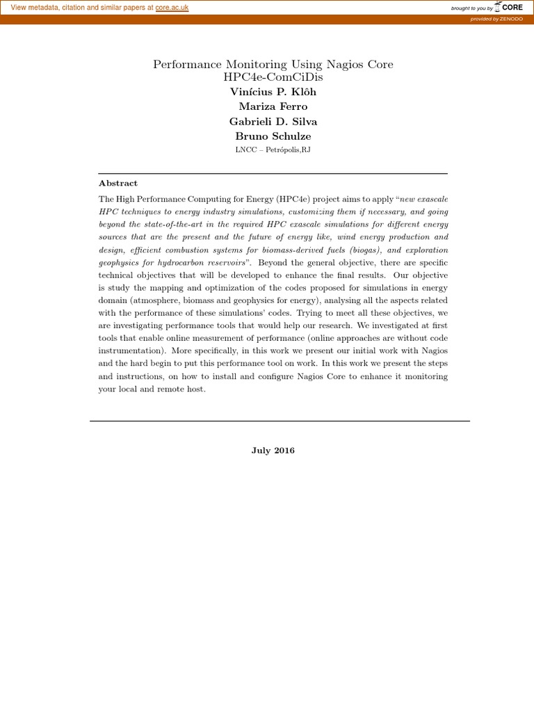 Performance Monitoring Using Nagios Core Hpc4E-Comcidis: Vin Icius P. KL Oh Mariza Ferro ...