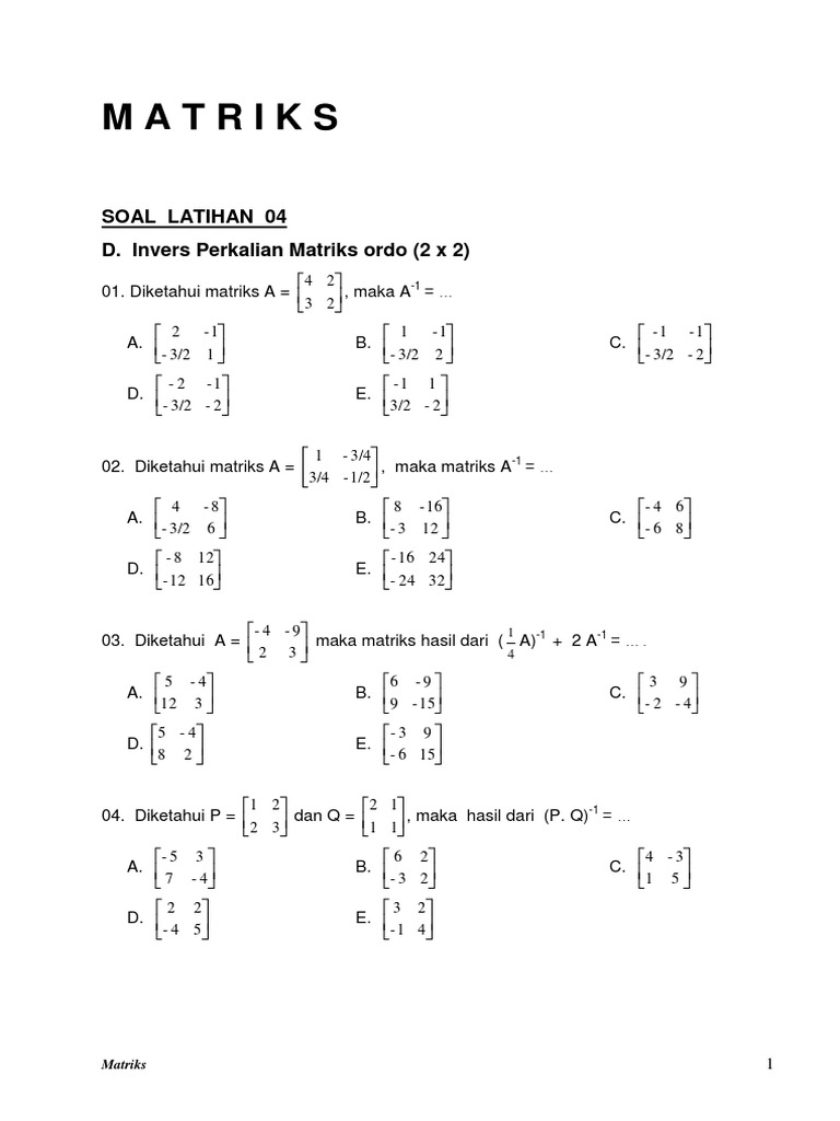 Latihan Invers Perkalian Matriks Ordo 2x2 | PDF