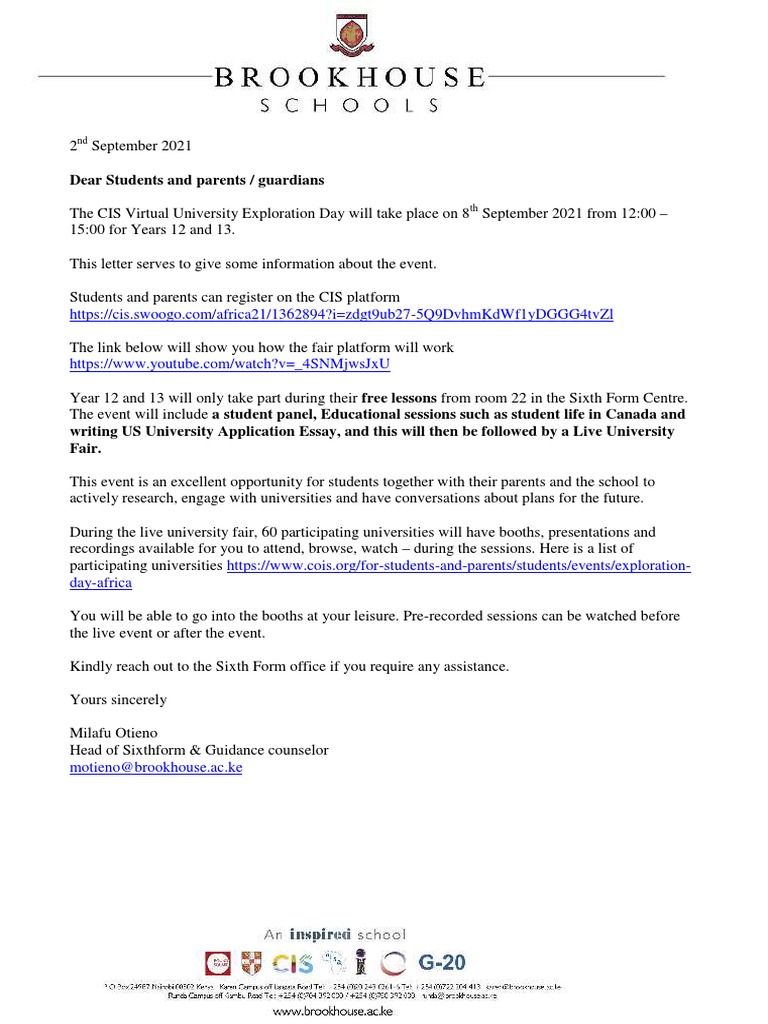 CIS Fair Letter To Parents | PDF | Social Science