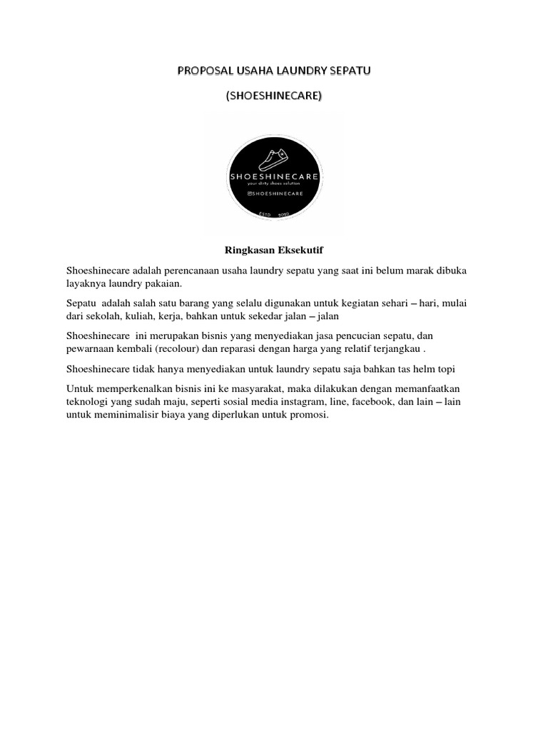 Proposal Usaha Laundry Sepatu Shoeshinecare | PDF