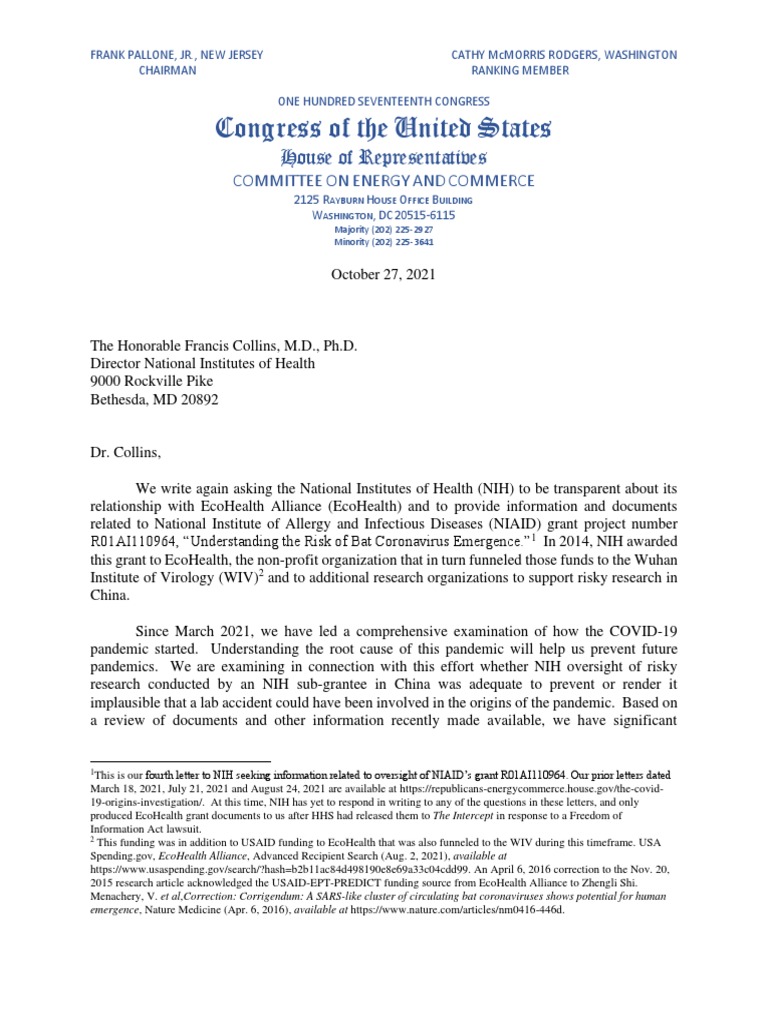 2021.10.27 Letter To NIH | PDF | National Institutes Of Health | Virus