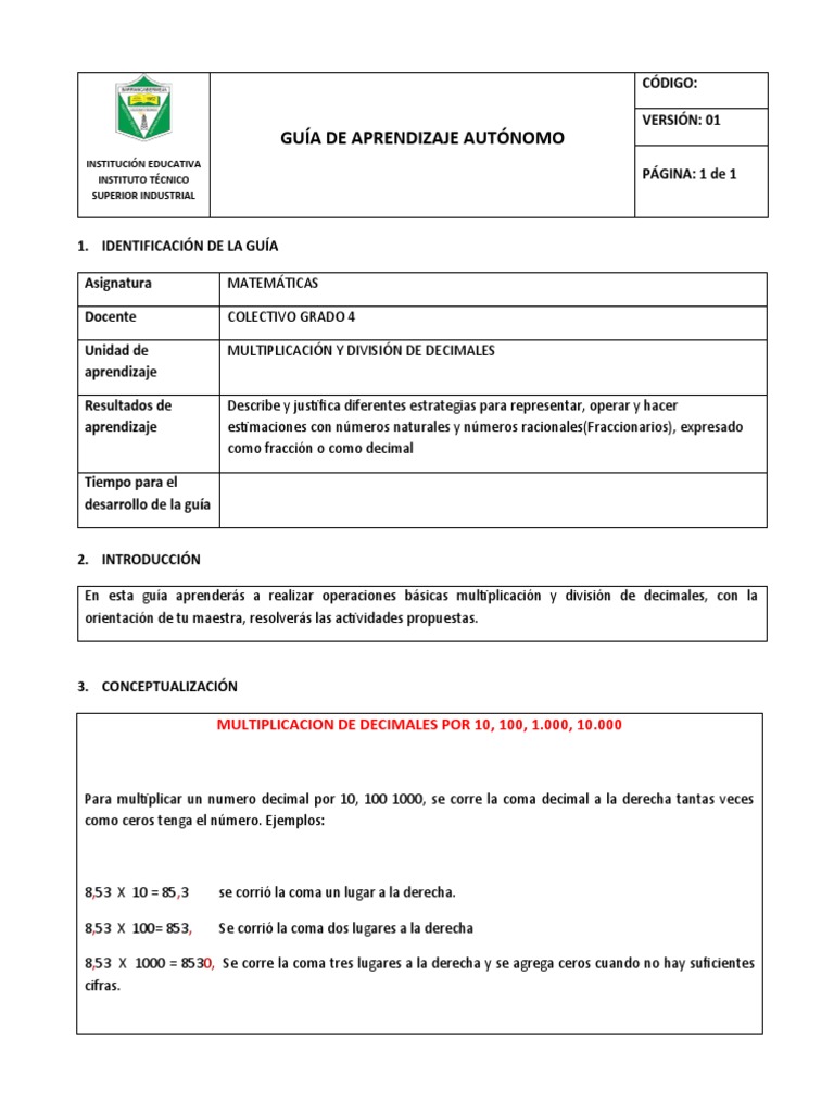 Multiplicación y División de Decimales | PDF | División (Matemáticas ...
