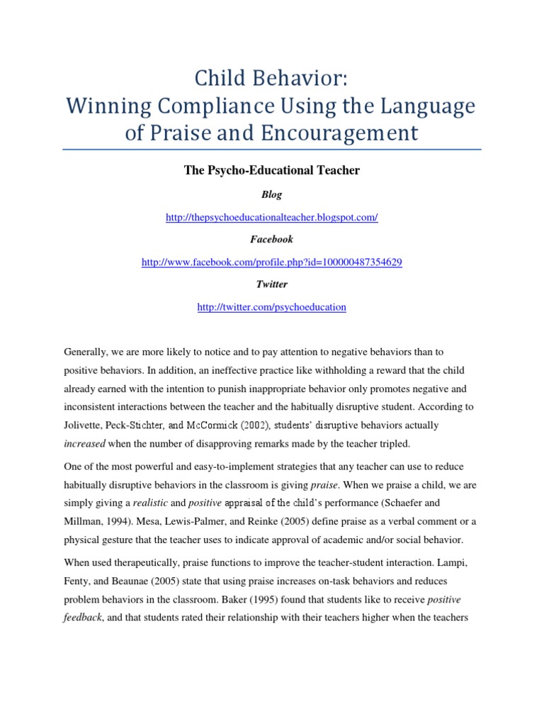 Child Behavior: Winning Compliance Using The Language of Praise and ...