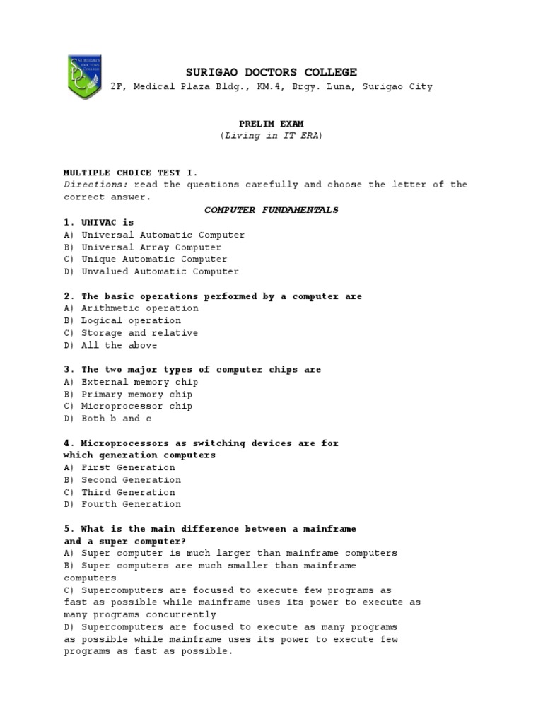 Prelim Exam 2k21 | PDF | Computer Data Storage | Central Processing Unit