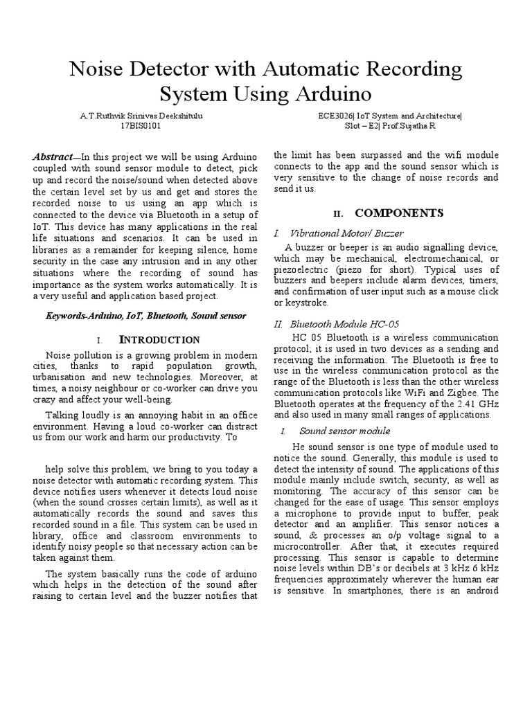 Noise Detector With Automatic Recording System Using Arduino | PDF | Internet Of Things | Sensor