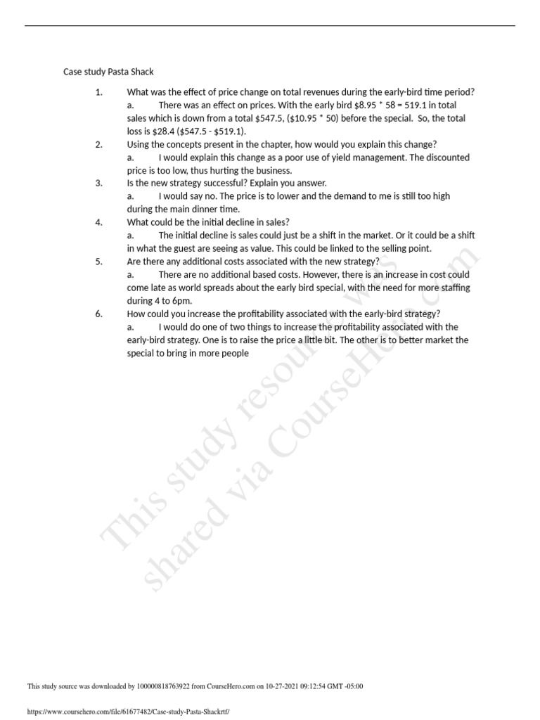 Case Study Pasta Shack | PDF | Prices | Economics