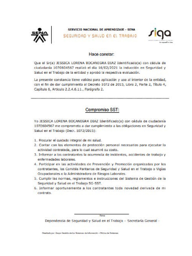 Certificado Induccion SST | PDF