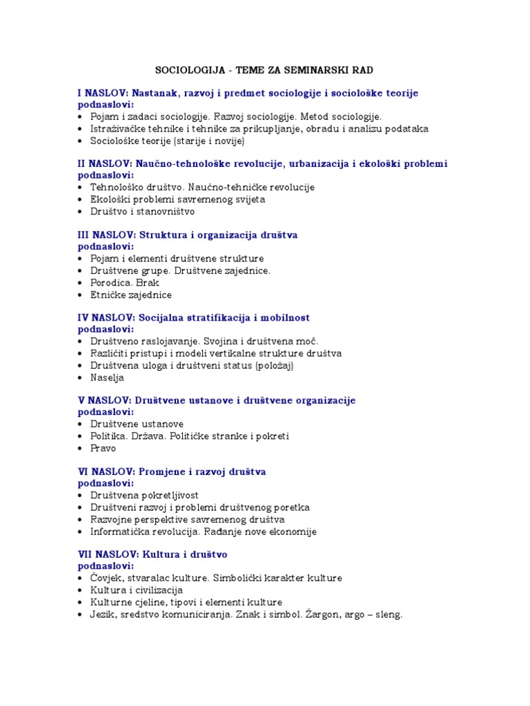 Sociologija - Teme Za Seminarski Rad | PDF