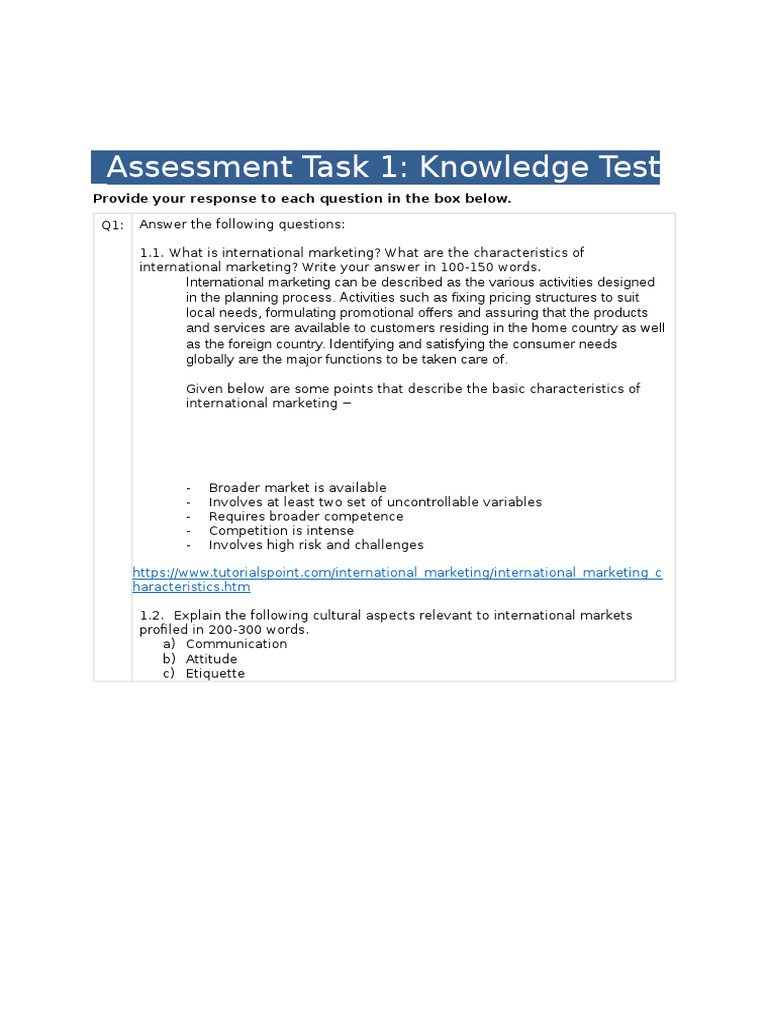 Assessment Task 1: Knowledge Test: Provide Your Response To Each ...