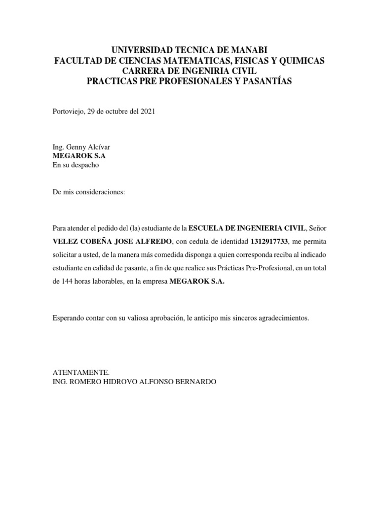 Oficio para Solicitar Las Pasantias | PDF