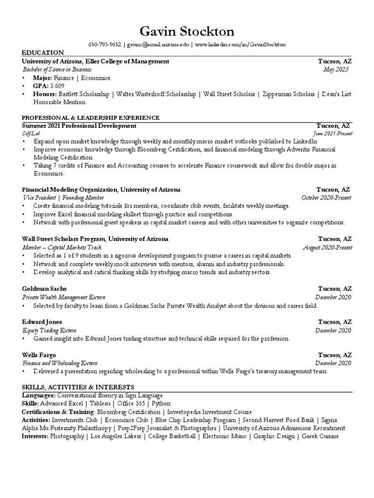 Gavin Stockton Resume Fall 2021 | PDF | Financial Modeling | Goldman Sachs