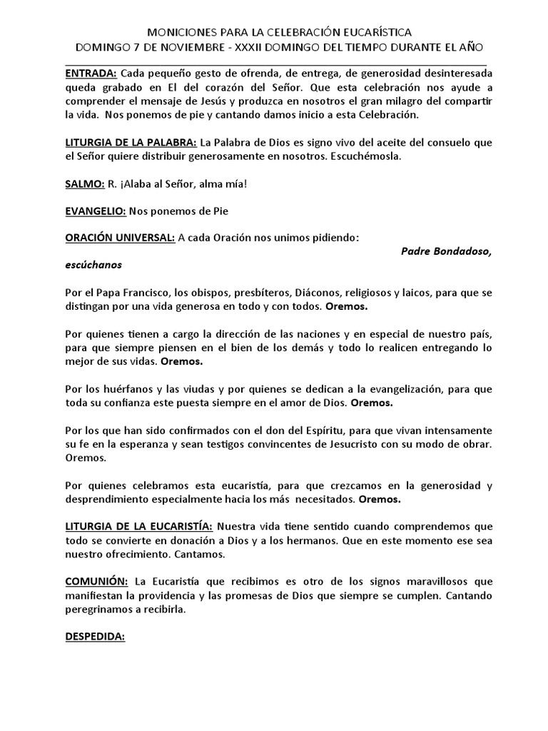 Moniciones para La Celebración Eucarística | PDF