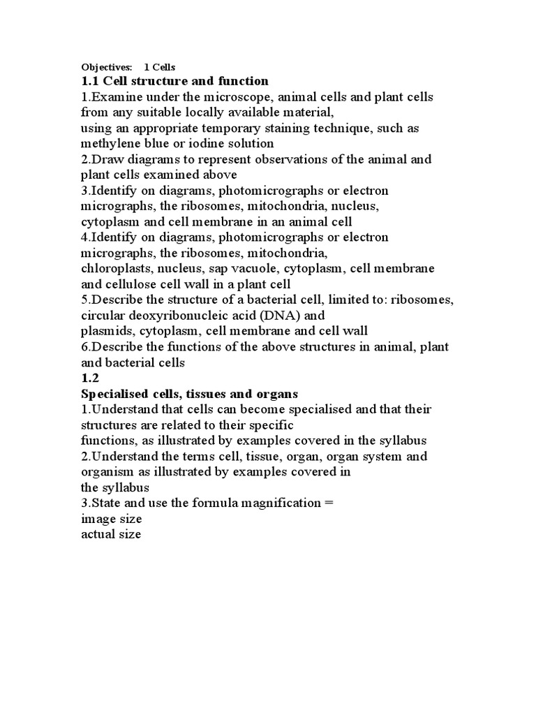 1.1 Cell Structure and Function: Objectives: 1 Cells | Download Free ...