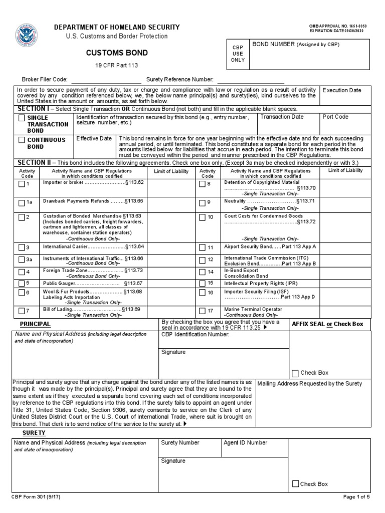 CBP Form 301 Customs Bond Form | PDF | Surety | U.S. Customs And Border ...
