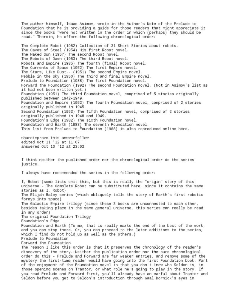 Foundation Series Order | PDF | Series Of Books | Science Fiction Novels