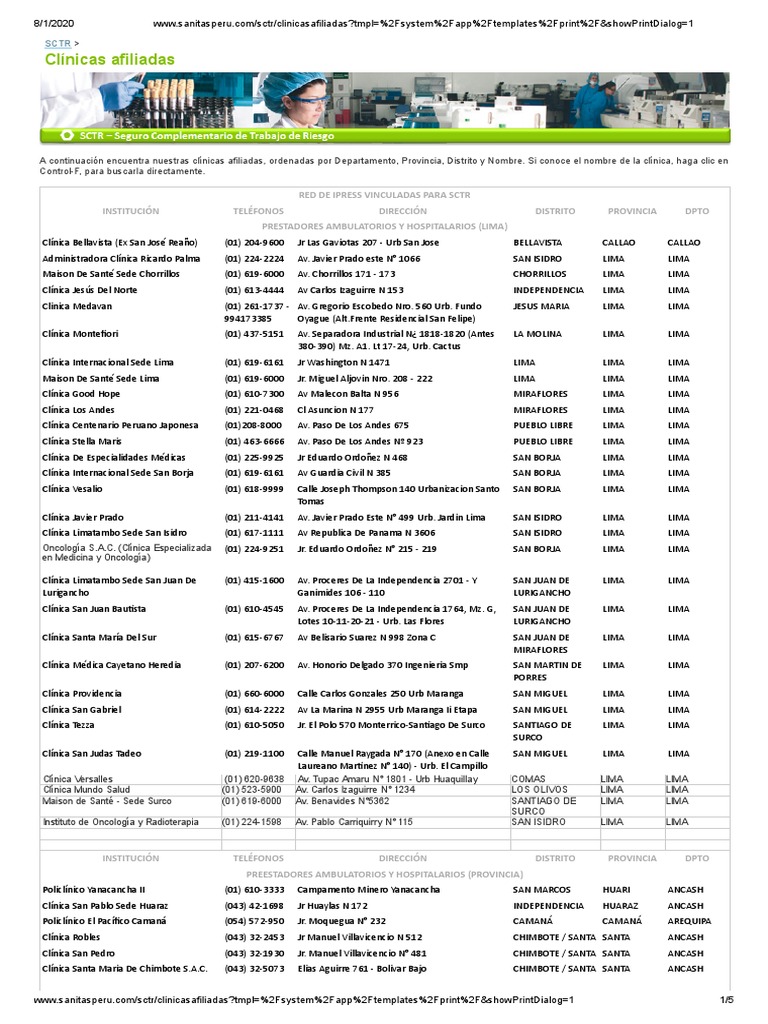 Clínicas y Centros Médicos Afiliados SCTR 2021 Sanitas | PDF | Lima | Perú