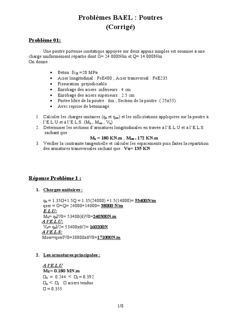 Problèmes BAEL Poutres (Corrigé) | PDF | Béton armé | Mécanique