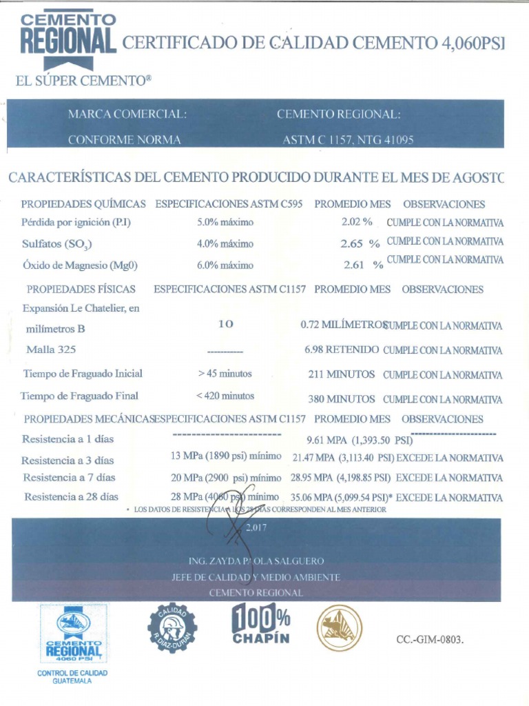 Ficha Tecnica Cemento Ugc 4060 y 5800 Marca Regional | PDF