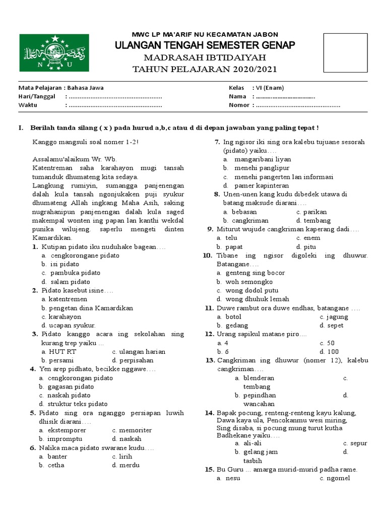 Lembar Soal UTS 2 B.Jawa Kls 6 | PDF