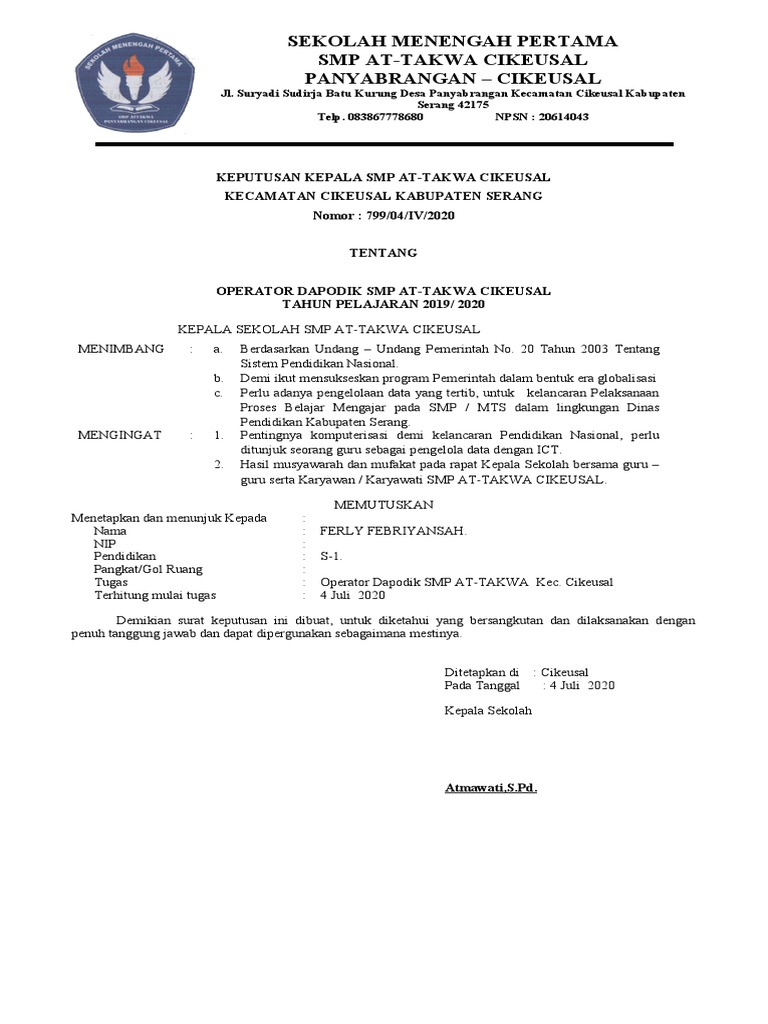 SK Operator Dapodik SMP At-Takwa | PDF
