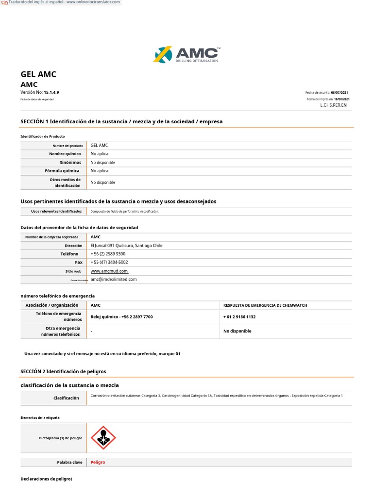 SDS AMC GEL - En.es | PDF | Química | Materiales