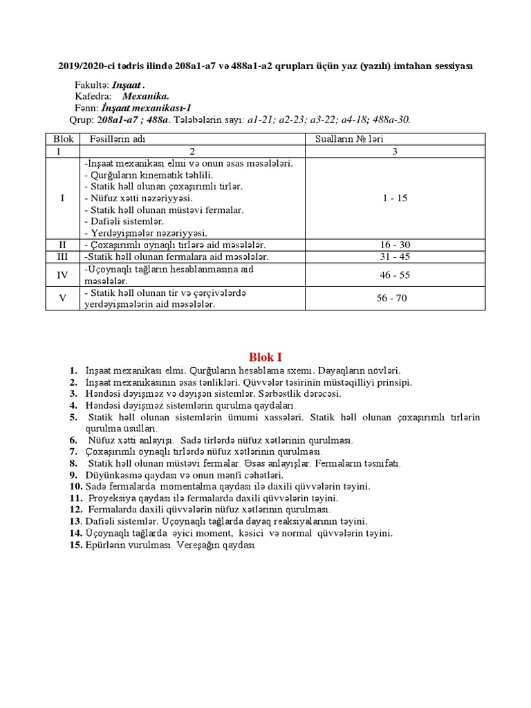 208a1-A7 488 A1-A2 İnş - Mex. Cədvəl-Suallar-1 - Yeni - 70 | PDF