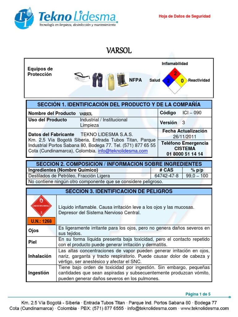 Varsol (MSDS) | PDF | Agua | Ciencias fisicas