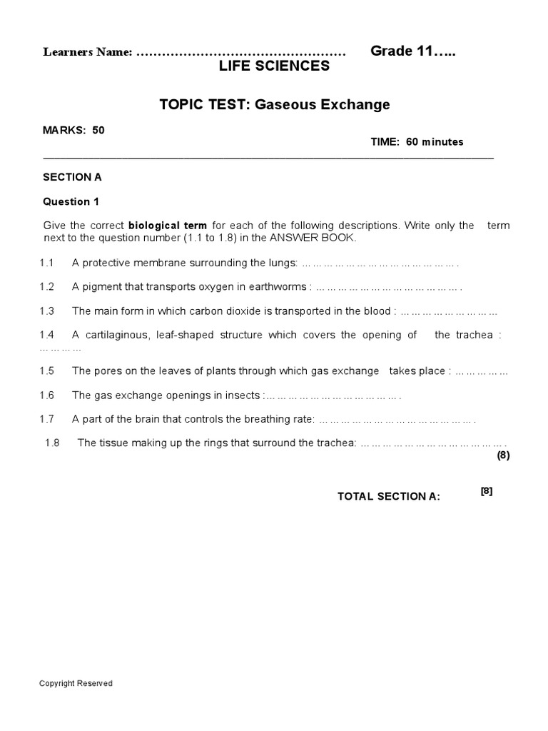 Grade 11 .. Life Sciences TOPIC TEST: Gaseous Exchange: Learners Name ...