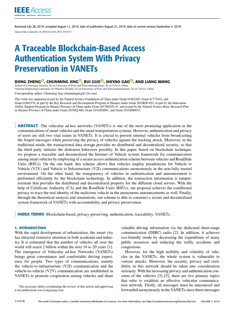 A Traceable Blockchain-Based Access Authentication System With Privacy Preservation in Vanets ...