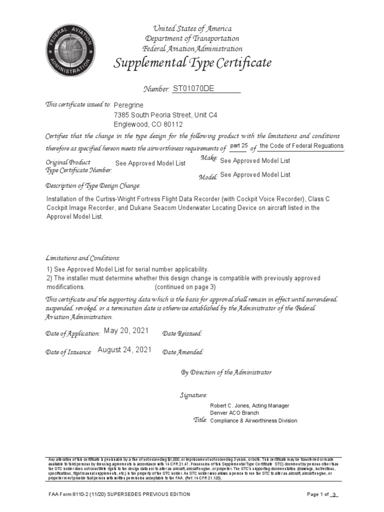 Supplemental Type Certificate: United States of America Department of ...