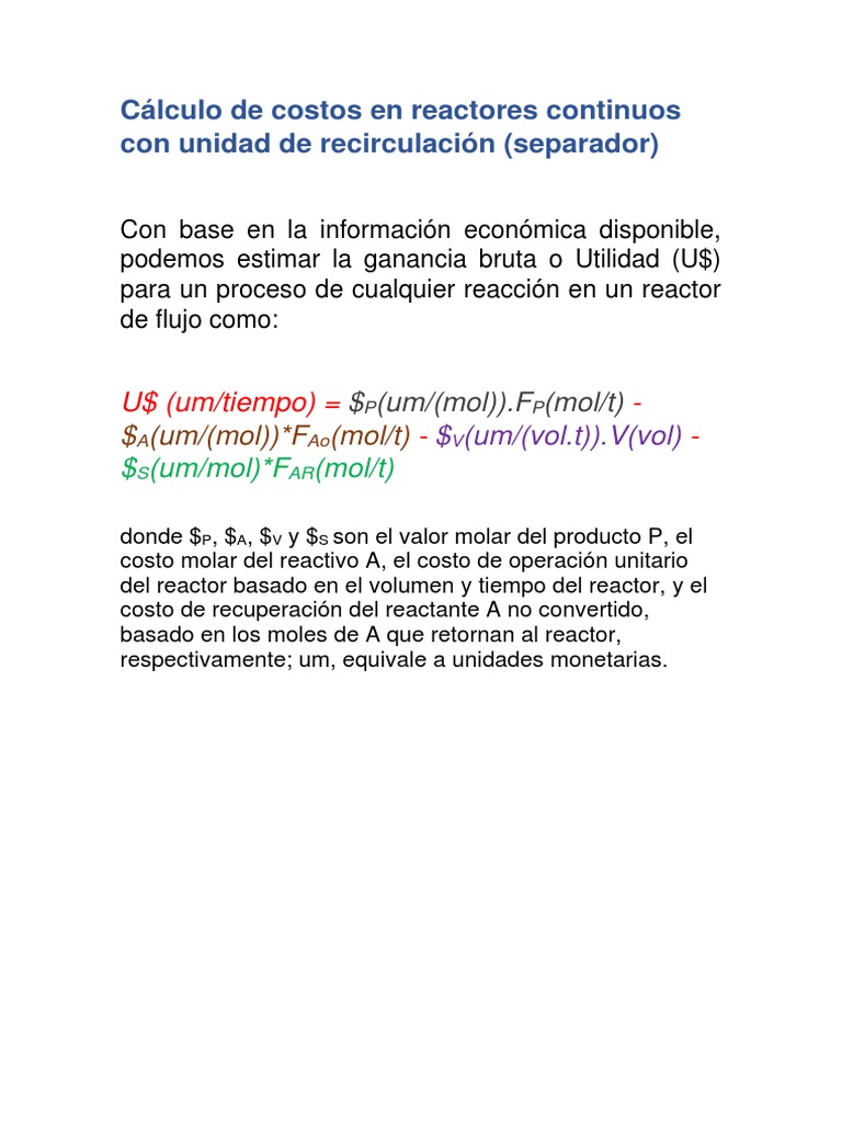 Costos Reactores Continuos Con Recirculacion - Unidad III | PDF