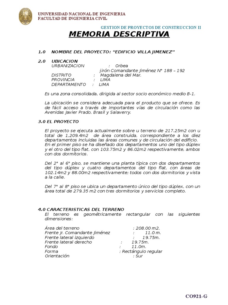 Memoria Descriptiva Edificio Villa Jimenez | PDF | Ascensor