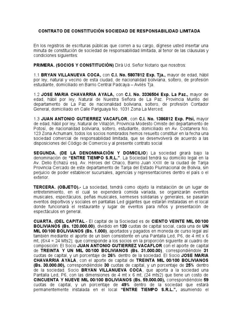Modelo de Contrato de Constitucion SRL | PDF | Sociedad de responsabilidad limitada | Business