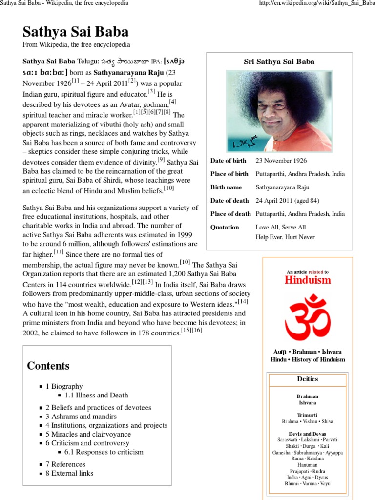 Sathya Sai Baba - Wikipedia, The Free Encyclopedia | Sathya Sai Baba ...