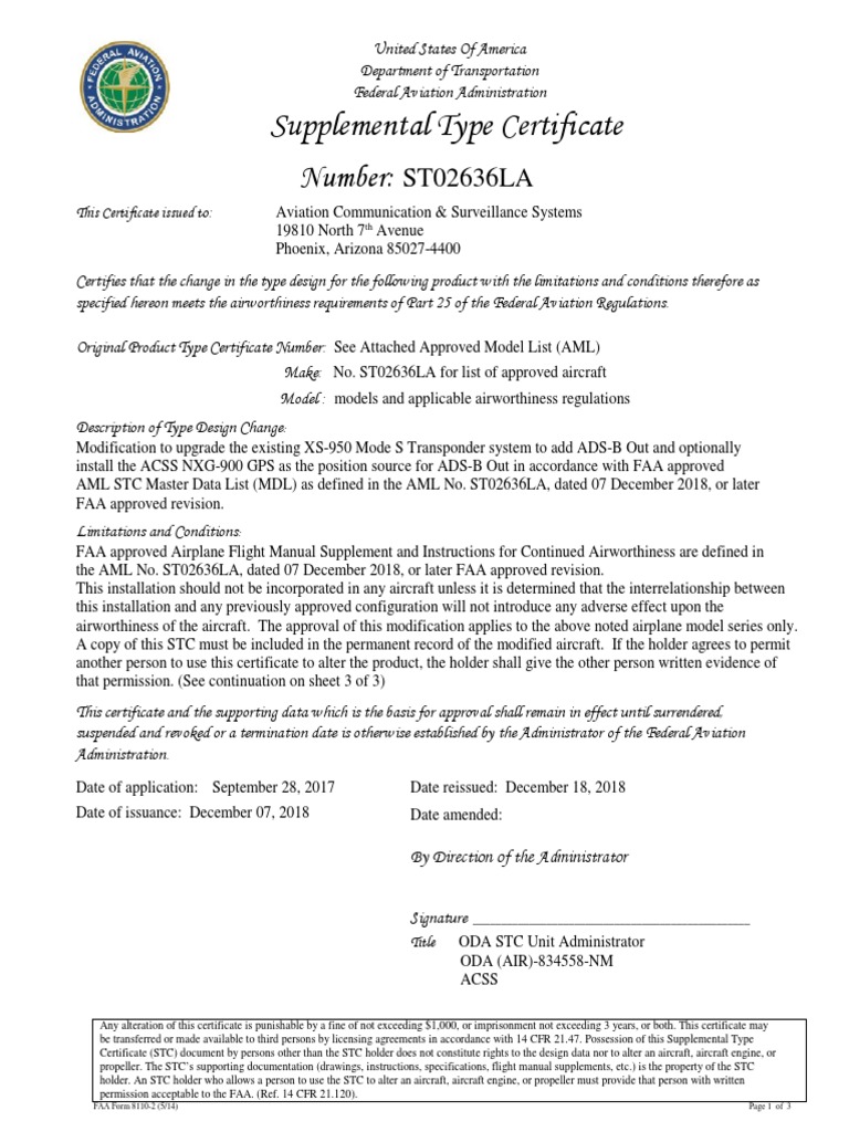 Supplemental Type Certificate: Number | PDF | Federal Aviation ...