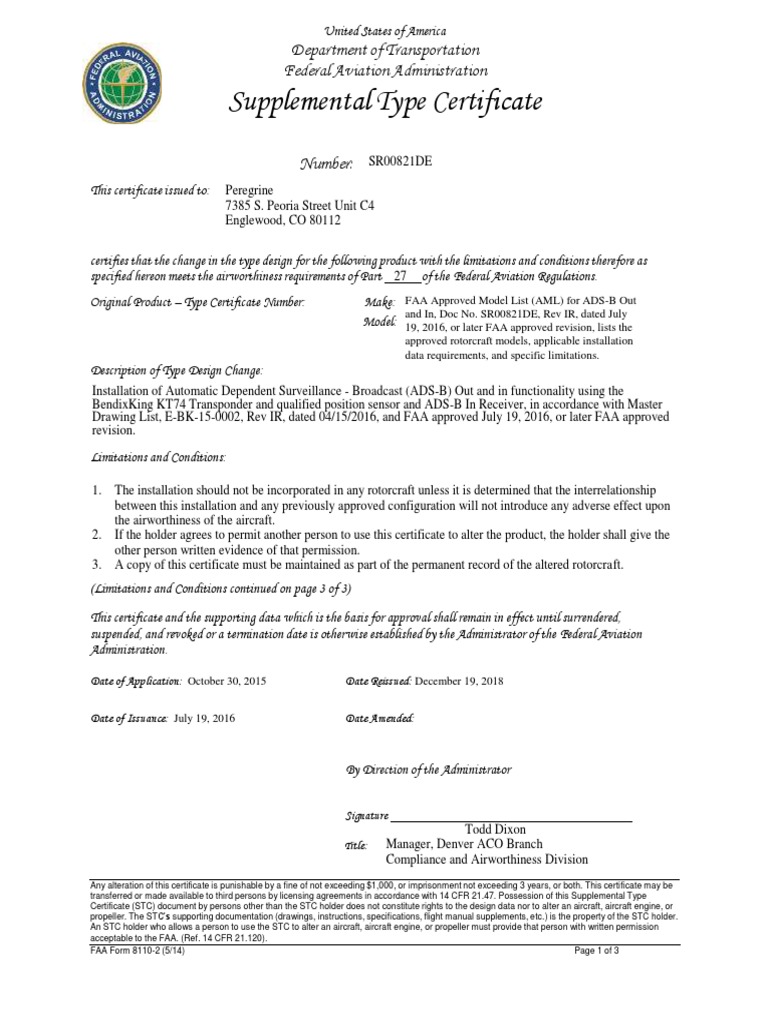 Supplemental Type Certificate: Department of Transportation Federal ...